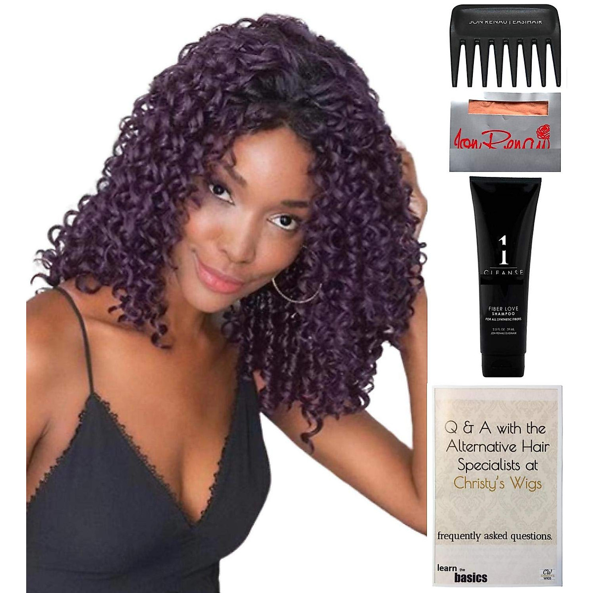 Bundle - 5 items: Diva Wig by Rene Paris, Christy's Wigs Q & A Booklet, 2oz Travel Size Wig Shampoo, Wig Cap & Wide Tooth Comb - Color: Hot Chocolate