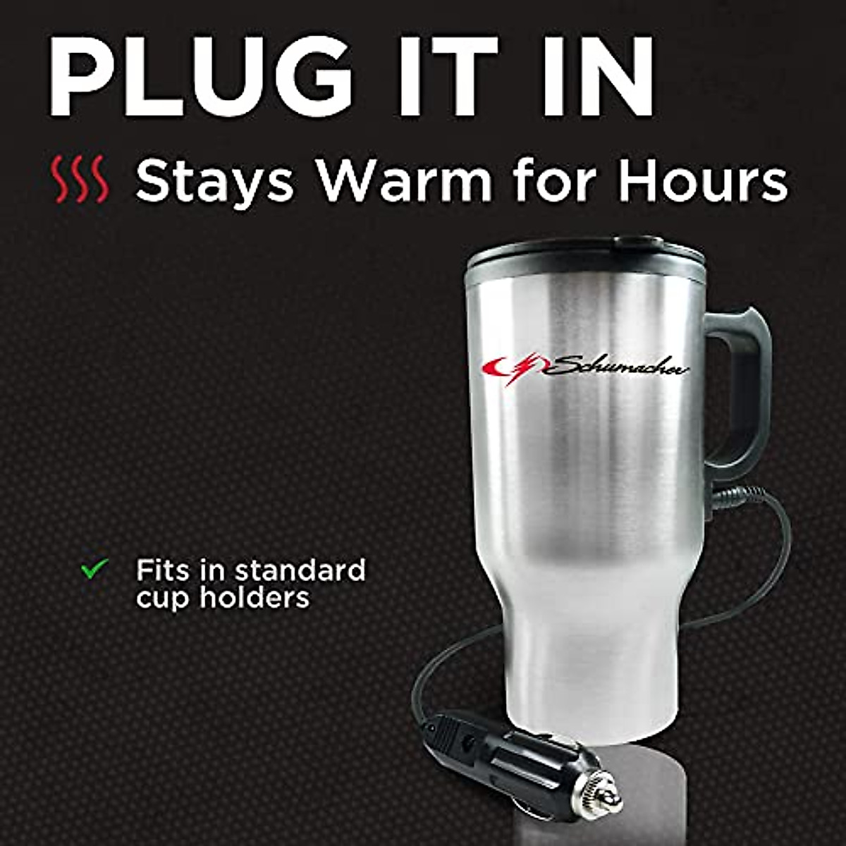 Schumacher 1228 Stainless Steel Travel Mug - Heats Using Your Car’s Power - 12V , Black