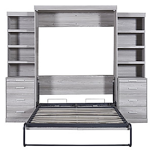 GLORHOME Space-Saving Full Size Murphy Bed with Gray Finish, Storage Shelves, and Drawers