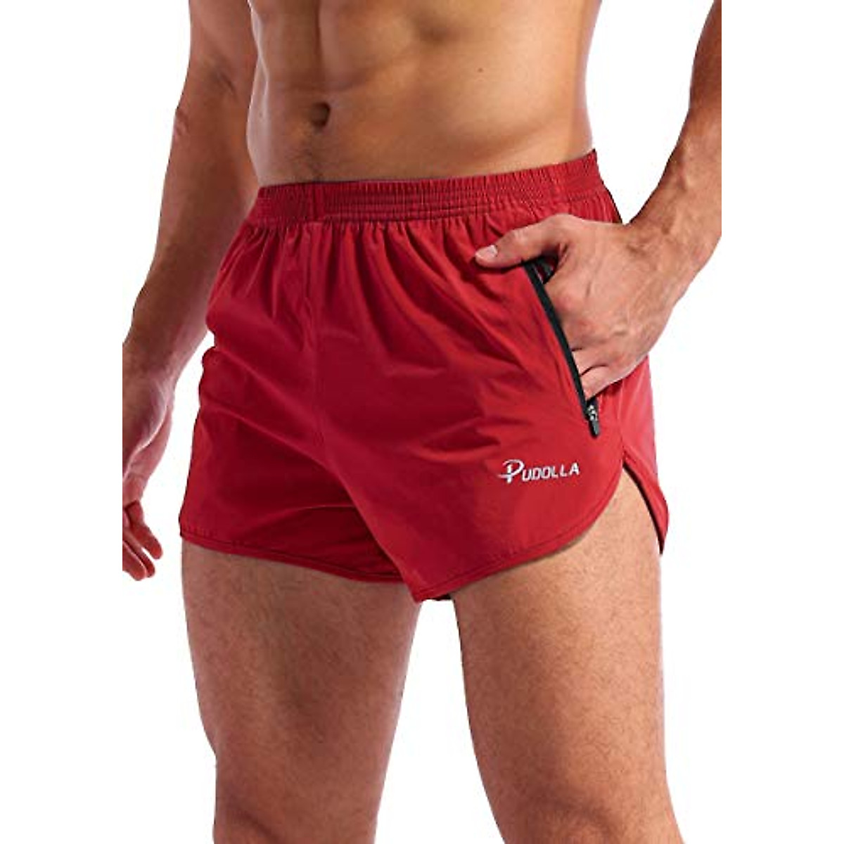Pudolla Men’s Running Shorts 3 Inch Quick Dry Gym Athletic Workout Shorts for Men with Zipper Pockets(Dark Red X-Large)