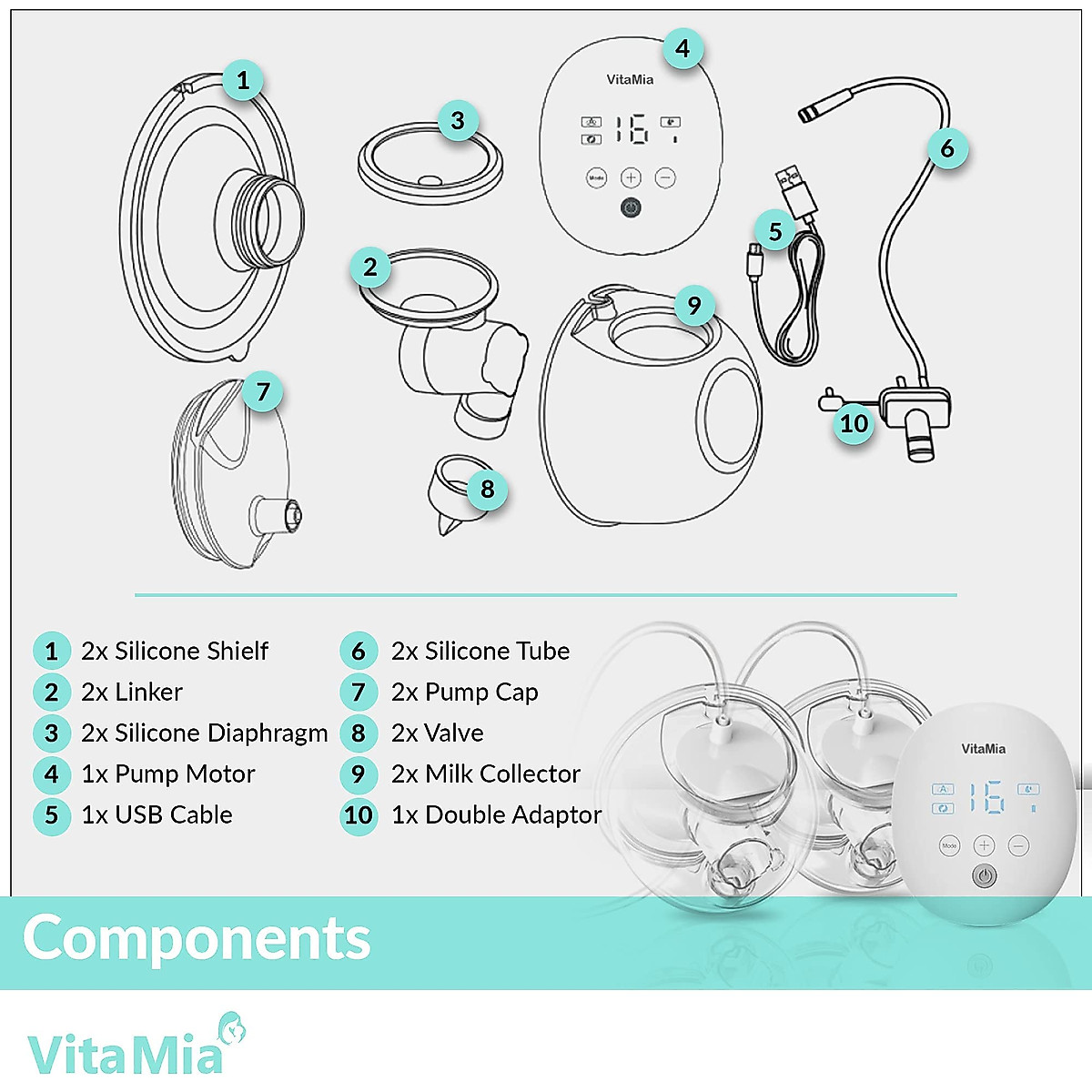 VitaMia Wearable Wireless Double Electric Breast Pump, 16 Levels 3 Modes, Quiet & Vibration- Free Breastfeeding, Silicone Breast Shield, Long Battery Life, Portable & Hands Free