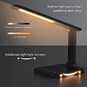 BMQJCBO Black LED Desk Lamp for Home Office with 10W Charger & USB Port ,LCD Display with Calendar Date Temperature Zoning Display, Extra Night Light Function
