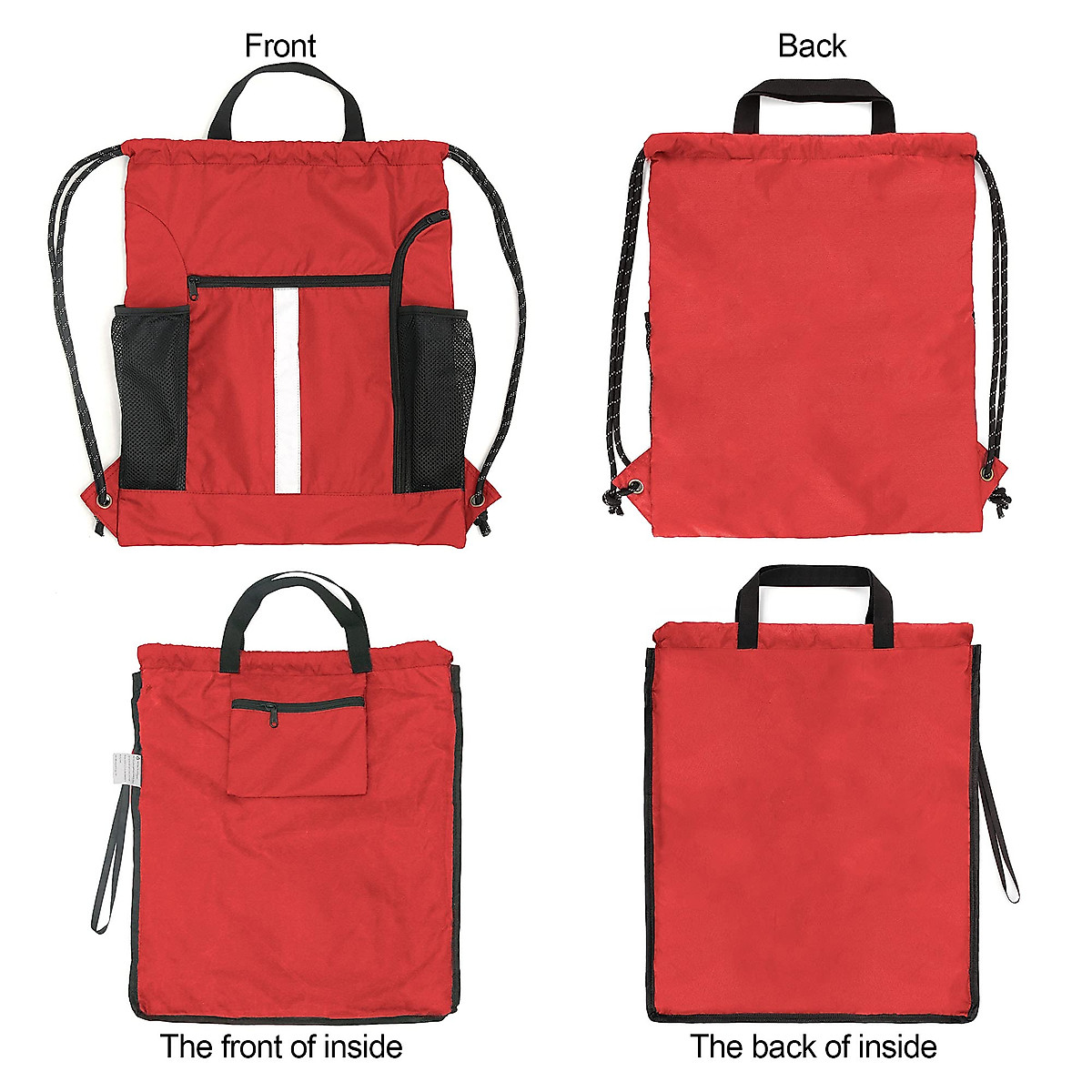 BeeGreen Red Drawstring Backpack Gymsack Bag with Shoe Compartment and Two Side Mesh Pockets Lightweight Durable Sports Cinch Sackpack 1 Pack for Women Men Workout Swim