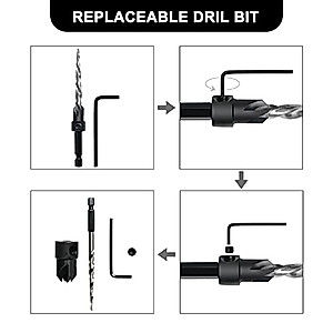 BeHappy Countersink Drill Bit Set, 5PCS M2 HSS Tapered Wood Countersink Drill Bits #4, 6, 8, 10, 12 Tapered Bit with 1/4" Hex Shank Quick, Allen Wrench, Counter Sinker Drill Bit Set for Woodworking