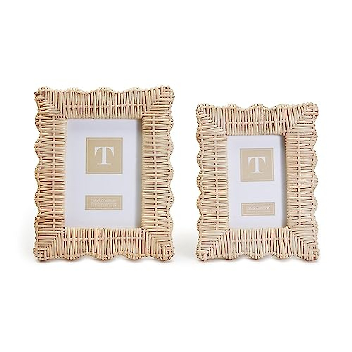 Two's Company 2-Piece 4" x 6" and 5" x 7" Rattan Photo Frame Set, Hand Woven Wicker Weave Natural Wood Rustic Boho Decor Frames