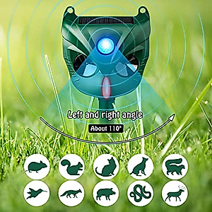 2 Pcs Solar Ultrasonic Animal Repeller with Motion Sensor and LED Flashing Light Squirrel Repellent 110 Degree Cat Deterrent Outdoor Animal Motion Detection for Dog Deer Fox Bird Garden Farm