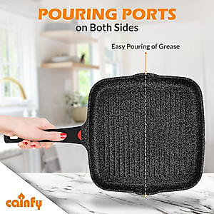 11 Inch Non Stick Grill Pan Granite Coated with Pour Spout - Lightweight 2.66 Quart Grill Pan for Indoor Cooking with Grip Handle - Induction Compatible PFOA Free Stove Top Grill (Black)