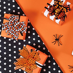 Whaline 5 Rolls Halloween Wired Ribbon Orange Black Pumpkin Face Spider Gift Wrapping Ribbon Dots Buffalo Plaid Decorative Ribbon for Crafts Bow Wreath Gift Wrapping Halloween Party Decor, 30 Yards