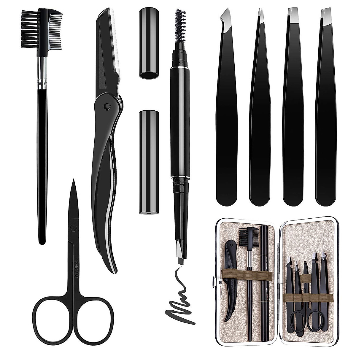 HOCOSY Eyebrow Kit, 8 in 1 Tweezers for Eyebrows, Professional Eyebrow Grooming Set include Stainless Steel Eyebrow Razor Eyebrow Brush Eyebrow Scissors Brown Eyebrow Pen with Travel Case