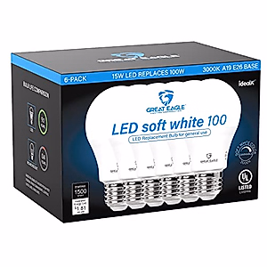Great Eagle Lighting Corporation 100W LED Light Bulb Equivalent A19 Soft White 3000K Dimmable UL Listed (6 Pack)