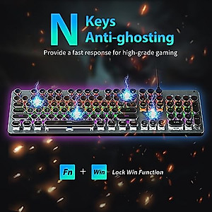 Typewriter Mechanical Gaming Keyboard Mouse Combo, Metal Panel Retro Keyboard with Round Keycap Blue Switch, RGB Backlit 104 Keys Anti-Ghost Wired Keyboard and Mouse with 3 DPI for PC Laptop Mac Gamer