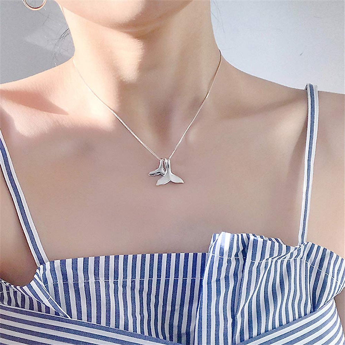 Sterling Silver Necklace with Double Mermaid Tail Pendants for Women Men Delicate Personalized Polished Fish Whale Tail Pendant Dangling 18" Chain Fashion Jewelry