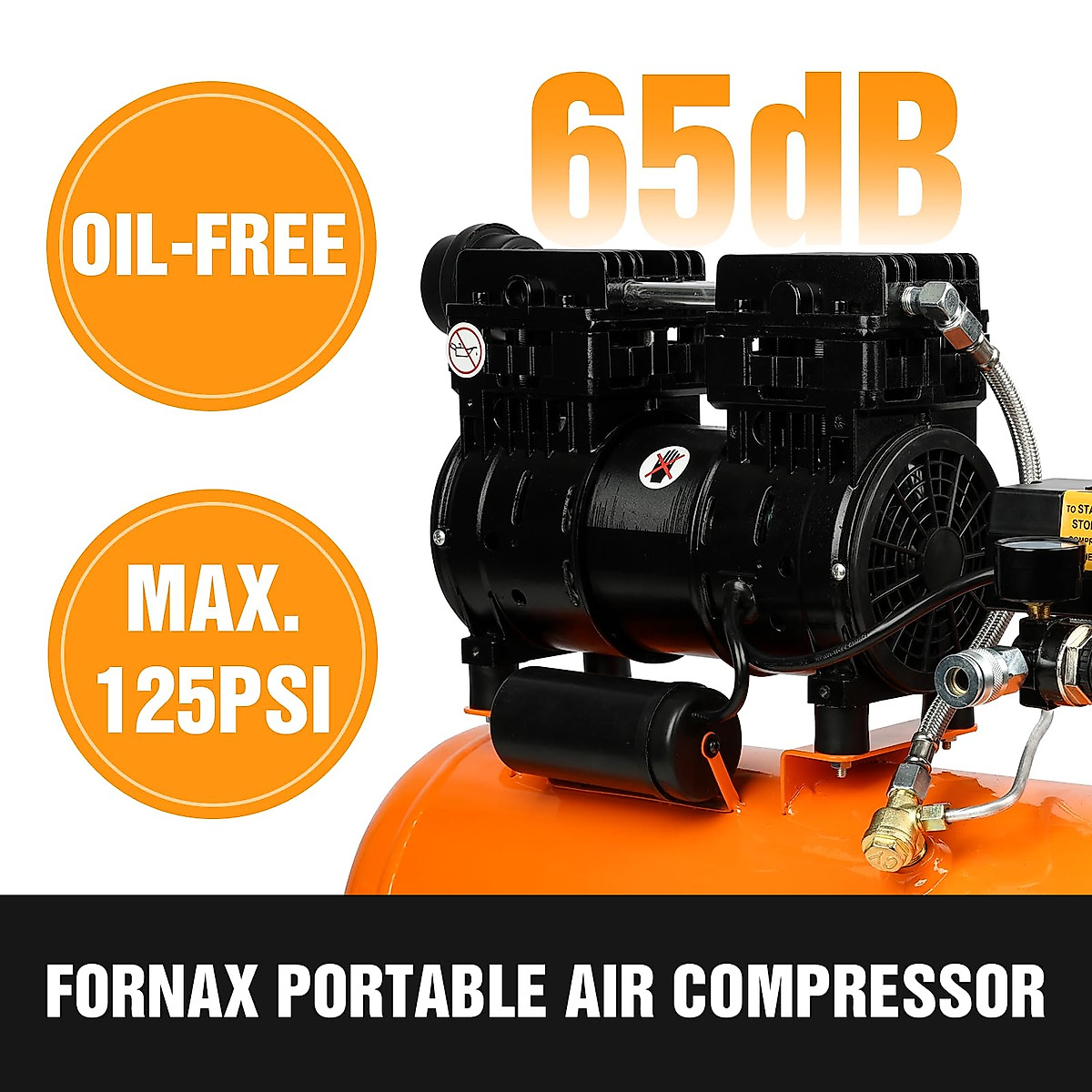 FORNAX Portable Air Compressor 6 Gallon, 1 HP 2.2CFM@ 90 PSI Oil Free Air Compressor, Max Pressure 125 PSI, 65 dB Quiet Compressor for Auto Repair, Tire Inflation, Spray Painting, Woodwork Nailing