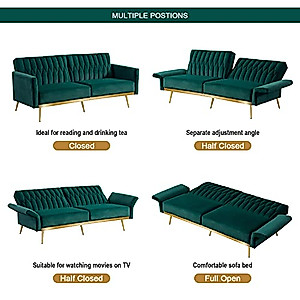 TTGIEET Velvet Convertible Futon Sofa Bed with Golden Metal Legs, 70" Tufted Loveseat Couch Sleeper Futon Sofa with Adjustable Armrests for Home Living Room Bedroom (Green)