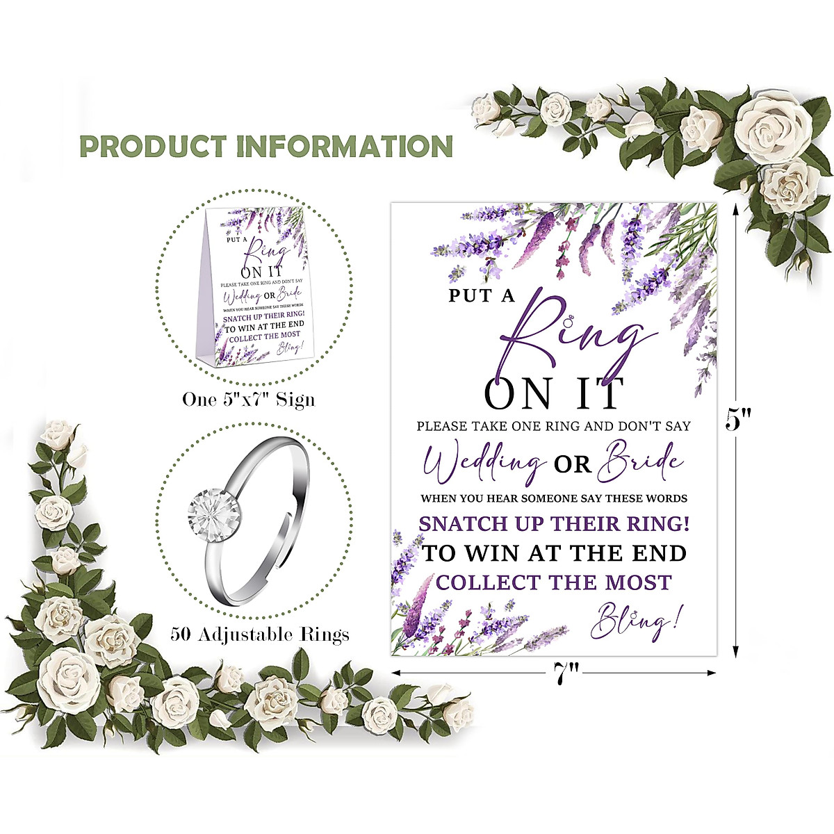Lavender Purple Don't say Bride or Wedding Game, Put a Ring on It Bridal Shower Game with 50 Fake Rings, Bridal Shower Decorations, Wedding Shower or Bachelorette Party Supplies - 13
