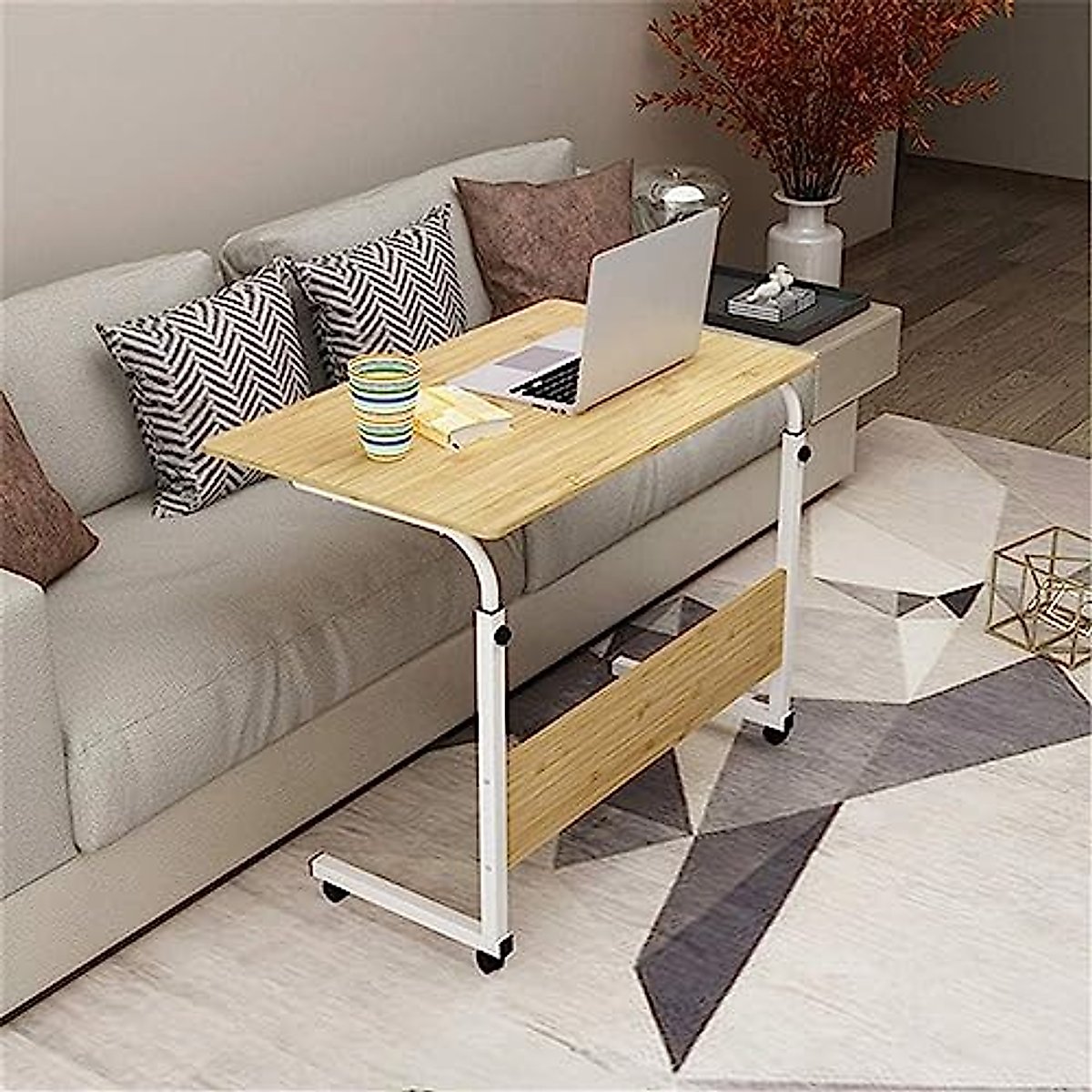 GRALES Portable Mobile Laptop Computer Desk Mobile Side Table,Adjustable Movable W/Tablet Slot Wheels,Portable Laptop Stand Foldable Computer Desk