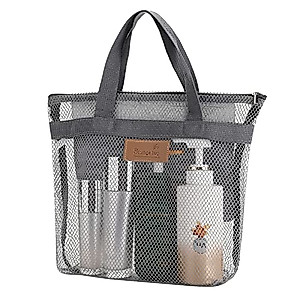 Grevosea Mesh Shower Caddy, Portable Shower Bag Quick Dry Shower Tote Bag with Zipper & 2 Pockets for College Dorms Gym Swimming Beach Travel Sports Games 10.6 * 7.8 Inch (Grey)
