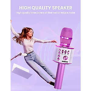 BONAOK Wireless Bluetooth Karaoke Microphone, Portable Toy Microphone for Singing, Gifts to Girls Boys Kids Adults All Age Q37（Bright Purple）