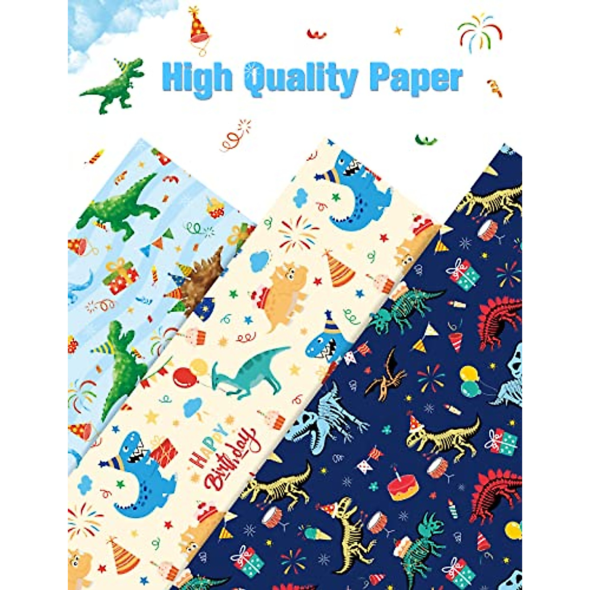 WERNNSAI Dinosaur Wrapping Paper - 10 Sheets Dinosaur Gift Wrapping Paper for Boys Girls 3 Styles Patterns Wrap Paper Rolls Happy Birthday Wrapping Paper Dino Party Favor Present (20’’ x 27’’/ Sheet)