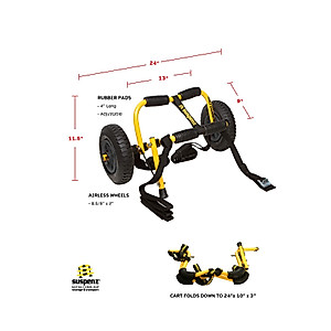 Suspenz Stowable Kayak Carrier Cart, SK Trailer Cart with Airless Wheels and Straps, Yellow, (22-1166)