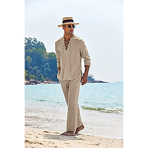 COOFANDY Men's 2 Piece Linen Set Long Sleeve Henley Shirts Casual Beach Pants With Pockets Summer Yoga Outfits