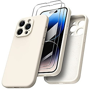 ORNARTO Designed for iPhone 14 Pro Case with 2X Screen Protector, Liquid Silicone Gel Rubber Cover [Camera Protection + Soft Microfiber Lining], Shockproof Protective Phone Case 6.1 Inch-Beige