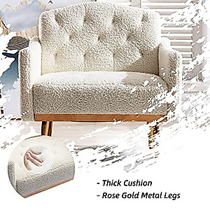 Luccalily Accent PU/Velvet Armchair,Upholstered Leisure Accent Living Room Chair, Comfy Armchair with Rose Golden Metal Legs,Mid-Century Modern Velvet Single Sofa Chair, White Teddy