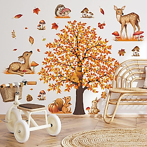 Mirabuy Large Autumn Fall Maple Tree Wall Decals Woodland Animals Creactures Mushroom Wall Stickers for Autumn Party Decorations Bedroom Living Room Wall Decor