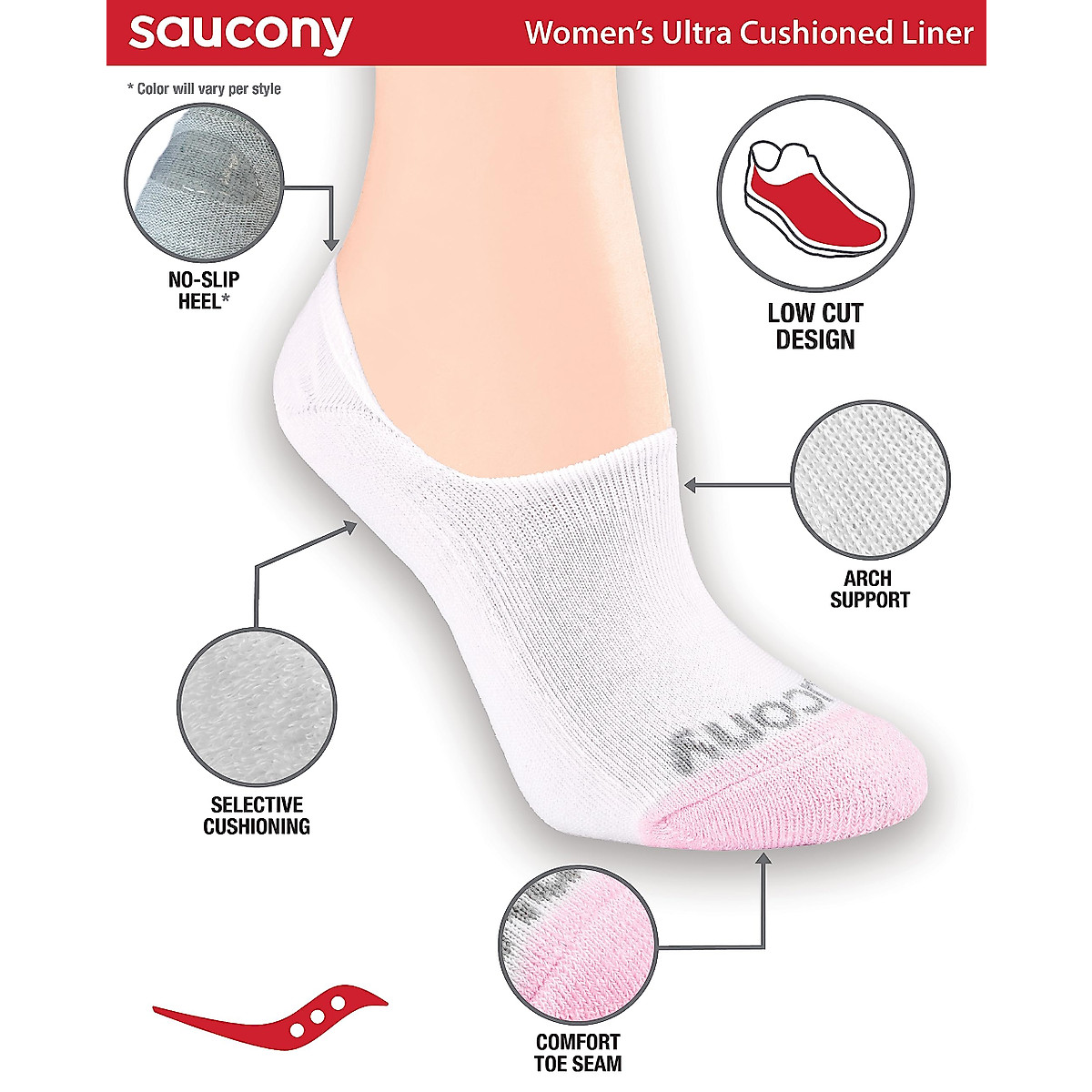 Saucony womens 8 Pairs No Show Cushioned Invisible Liner Socks, Wardrobe (8 Pairs), Shoe Size 6-10 US