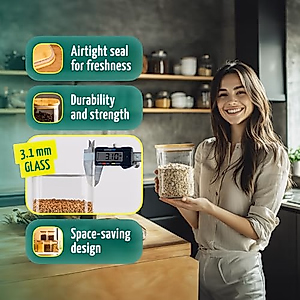 Set of 5 Glass pantry storage containers with lids, Borosilicate Square glass containers with bamboo lids, Cookie jar, Glass storage containers with lids for pantry, Pasta Rice Flour Sugar Tea Beans