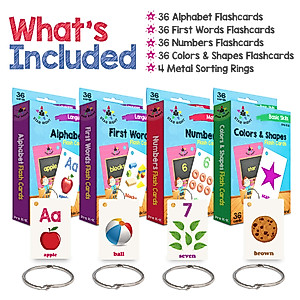Star Right Words Toddler Flash Cards Set of 4 - Number Flash Cards, First Words, Colors and Shapes, & Alphabet/Letter Flashcards - 4 Binder Rings - 144 Sight Words Kindergarten Flash Cards 3-7 Years