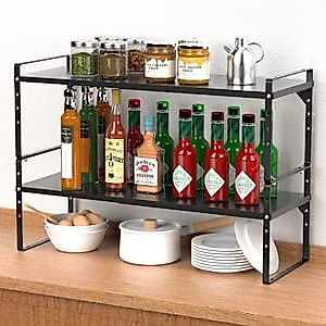 ARCCI Expandable Cabinet Shelf Organizers 2 Pack, Stackable Metal Pantry Storage Shelves Rack, Adjustable Kitchen Counter Shelf for Cabinets, Countertop, Cupboard Organizers and Storage, Black