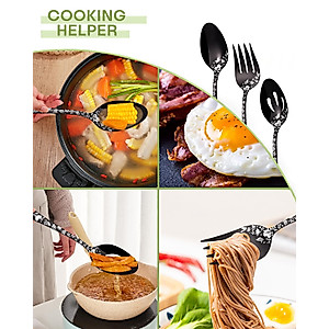 Stapava Serving Utensils Set Black, 5PCS Stainless Steel Flatware Serving Set with Large Serving Spoon Slotted Serving Spoon Serving Fork Sugar Spoon Butter Knife for Dinner Party, Dishwasher Safe