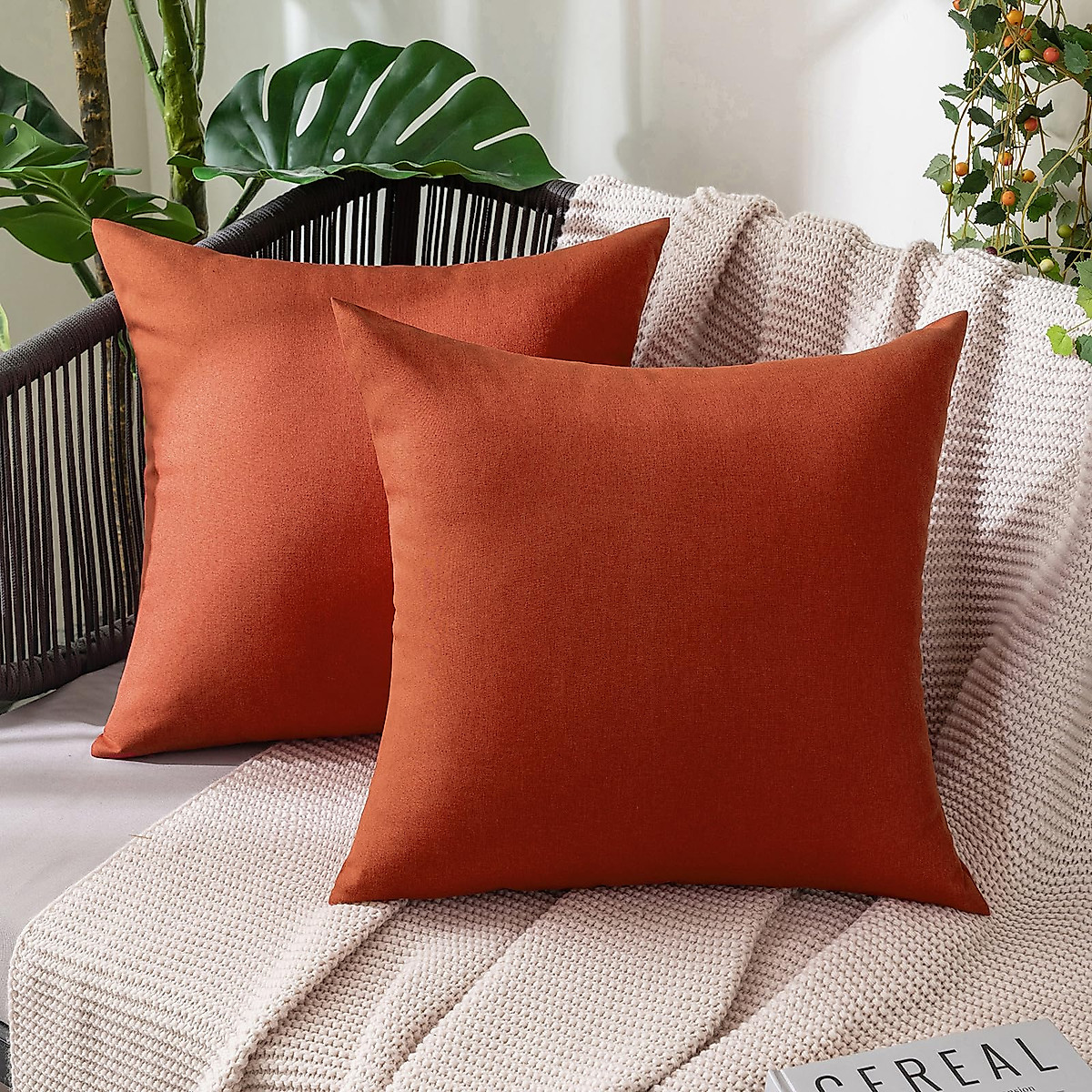 MIULEE Fall Pack of 2 Decorative Outdoor Solid Waterproof Throw Pillow Covers Polyester Linen Garden Farmhouse Cushion Cases for Patio Tent Balcony Couch Sofa 24x24 inch Burnt Orange