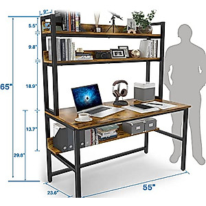 Aquzee Computer Desk with Hutch & Bookshelf, Home Office Desk with Space Saving Design, Metal Legs Industrial Table with Upper Storage Shelves for Study Writing/Workstation, 47 Inches Rustic