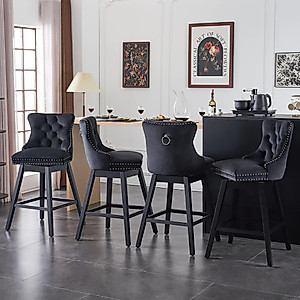 Fahomiss Swivel Bar Stools, Barstool Set of 4 with Back, Bar Height Stools, Black Barstools for Kitchen Island, Counter Height Velvet Bar Stools with Upholstered Seat, Wood Legs for Home Bar