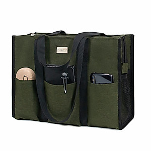 TOPDesign Utility Water Resistant Tote Bag with 13 Exterior & Interior Pockets, Top Zipper Closure & Thick Bottom Support, for Working Women, Teachers, Nurses, Accountants (Green)