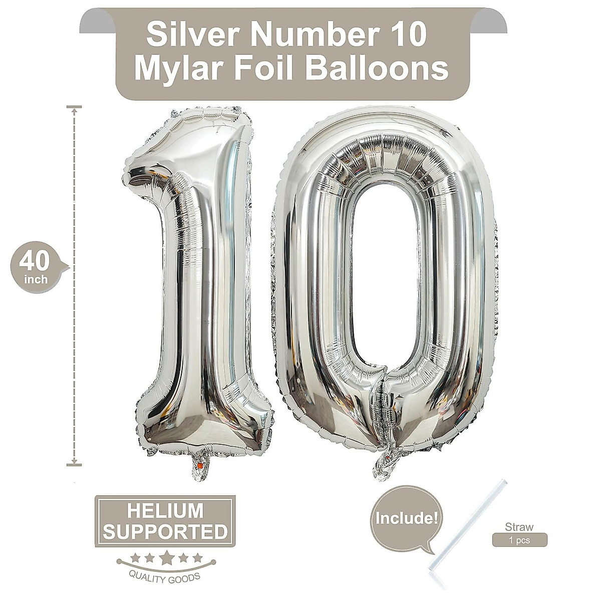 40 Inch Silver 10 Number Balloons Giant Jumbo Huge 10 Foil Mylar Helium Number Digital Balloons Silver Birthday Mylar Digital Balloons 10th Birthday Anniversary Events Party Decorations Supplies