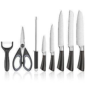KIMIUP 9 Pieces Kitchen Knife Set with Block,5 Stainless Steel Knives and Scissors Peeler Knife Sharpener with Stand 360 Degree Revolving Base,Black Handle