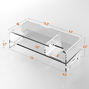 BEYGORM Acrylic Monitor Stand Riser, Wide 20", 2 Tier Computer Stand with Storage, Desk Organizer Desktop Printer Stand Laptop Storage Shelf Screen Holder with Phone Holder(Clear)