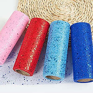 Glitter Tulle Fabric 6 Rolls 6 Inch by 60 Yards Total Sparkle Sequin Mesh Netting Fabric Ribbon Spool for Wedding Birthday Party Baby Shower Decorations DIY Tutus Petticoat Tulle Skirt Table Skirt