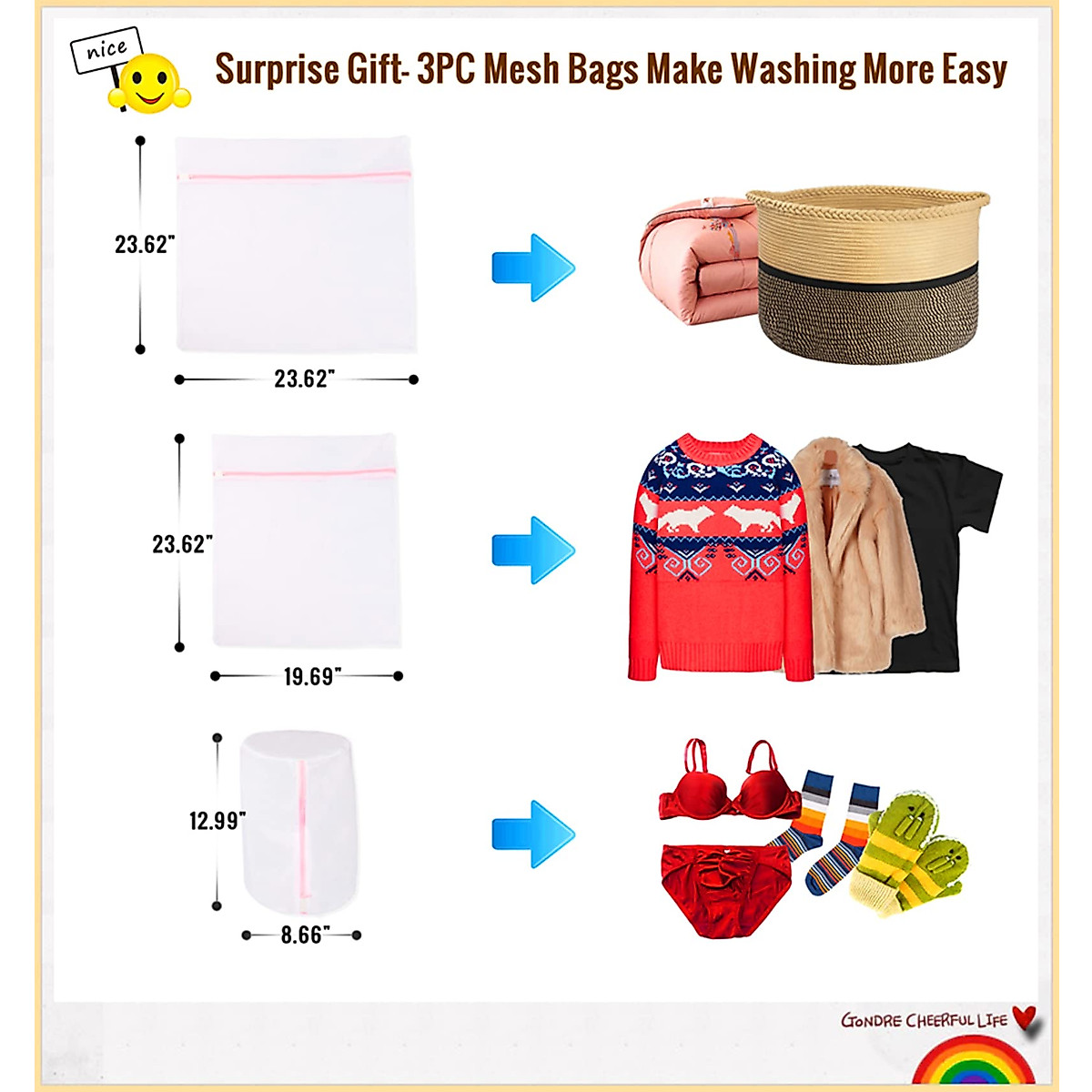 XUELAN Woven XXX-Large Cotton Rope Basket Blanket Basket Baby Laundry Basket Toy Storage Basket Decorative Basket Nursery Hamper Toy Chests & Organizers Plus 3 PCS Washing Mesh Bag（21''x21''x13.6''）