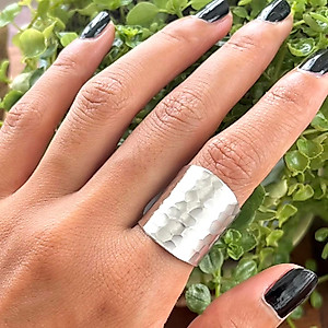 Hammered Sterling Silver Handmade Classic Wide Band Boho Statement Ring, Shiny Finish Wrap Band Adjustable to Sizes 6-12, Also as Thumb Ring, Gift for Her