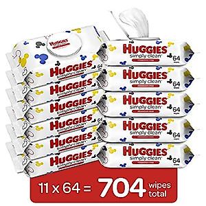 Baby Wipes, Unscented, Huggies Simply Clean Fragrance-Free Baby Diaper Wipes, 11 Flip Lid Packs (704 Wipes Total)