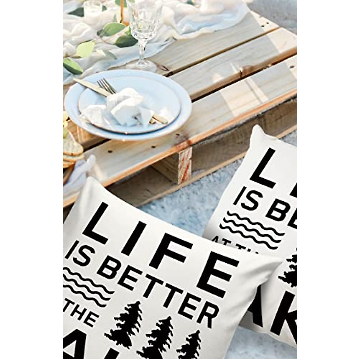 Outdoor Waterproof Pillow Covers for Patio Furniture Life is Better at The Lake Decorative Throw Pillow Cover Plants Living Quote Pillowcases Set of 2 Cushion Case for Sofa Couch Chair 18 x 18 in