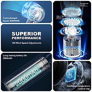 TryQueen High Speed Handheld Fan with Ice Compress 0-100 Speed Portable Jet Fan 2000mAh Rechargeable Personal Portable Fan Mini Blower 8000RPM Turbo Cooling Bladeless Compact Lightweight for Travel
