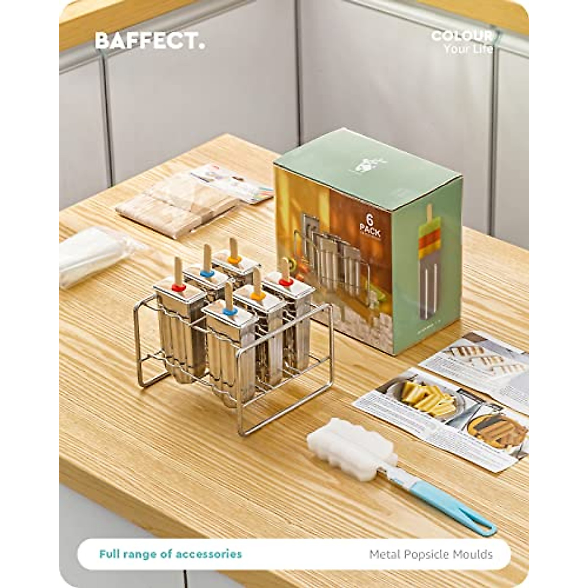 Baffect Metal Popsicle Moulds, Set of 6 Round Head Stainless Steel Ice Lolly Molds with Holder, Fast Freezing Ice Cream Makers with Lollipop Sticks and Bags