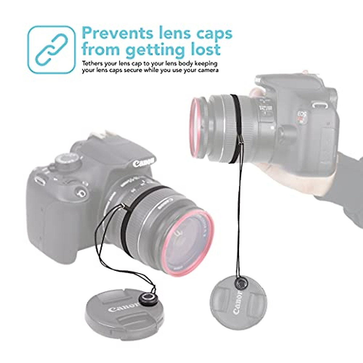 Foto&Tech Camera Lens Cap Keeper Holder with Elastic String Anti-Loss. Compatible with Canon, Nikon, Sony, Panasonic, Fujifilm, Pentax, Sigma DSLR SLR Evil Mirrorless Cameras Video Cameras (3 Pack)