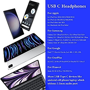 USB C Headphones for iPad 2022,USB Type C Earphones HiFi Stereo USB C Wired Earbuds with Mic Volume Control for Samsung S23+ Ultra S22 S21 S20 A53 A54 Z Flip5/4 Fold5/4,Pixel 7 6 6a 5 4,OnePlus 11
