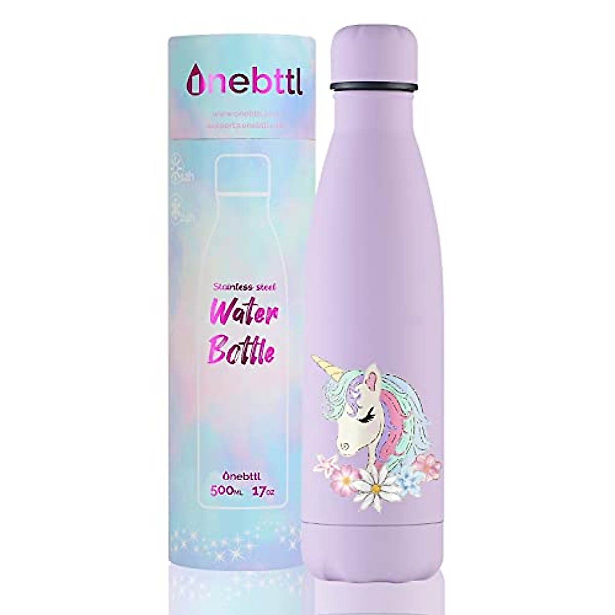 Onebttl Unicorn Gifts, Unicorn Party Supplies, Stainless Steel Water Bottle, Kids Water bottle 17oz/500ml Double Wall Vacuum Insulated Thermo Bottle PURPLE FLOWER